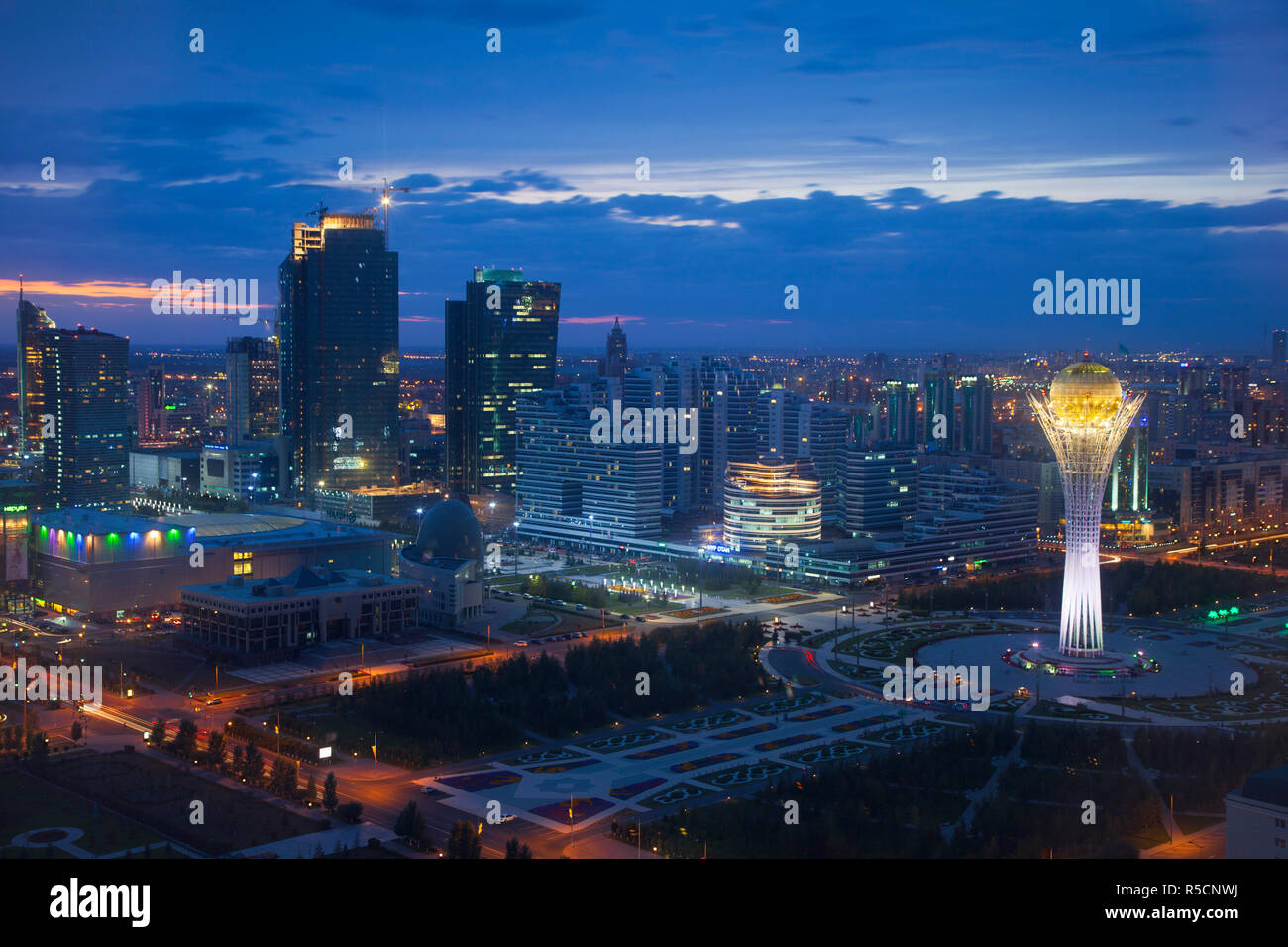 Kazakhstan, Astana, View of City Center looking towards the Bayterek ...