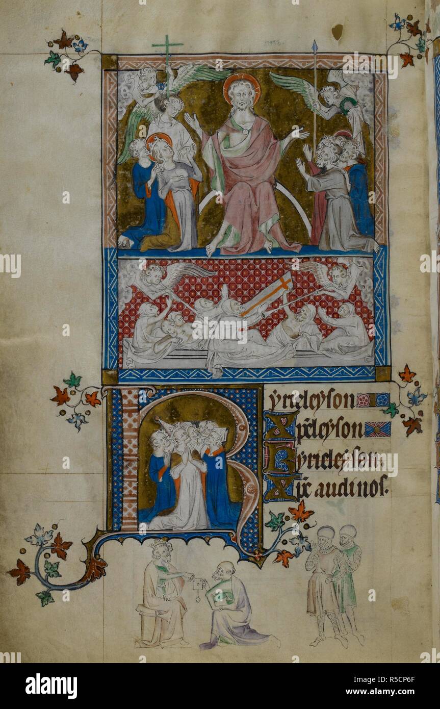 Above, miniature showing the Last Judgment with Christ, enthroned in ...