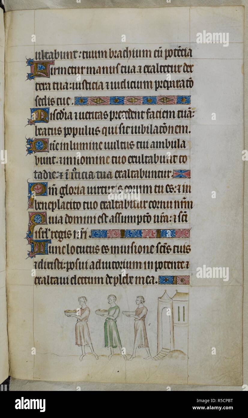 Bas-de-page scene of three servants carrying dishes. Psalter ('The ...