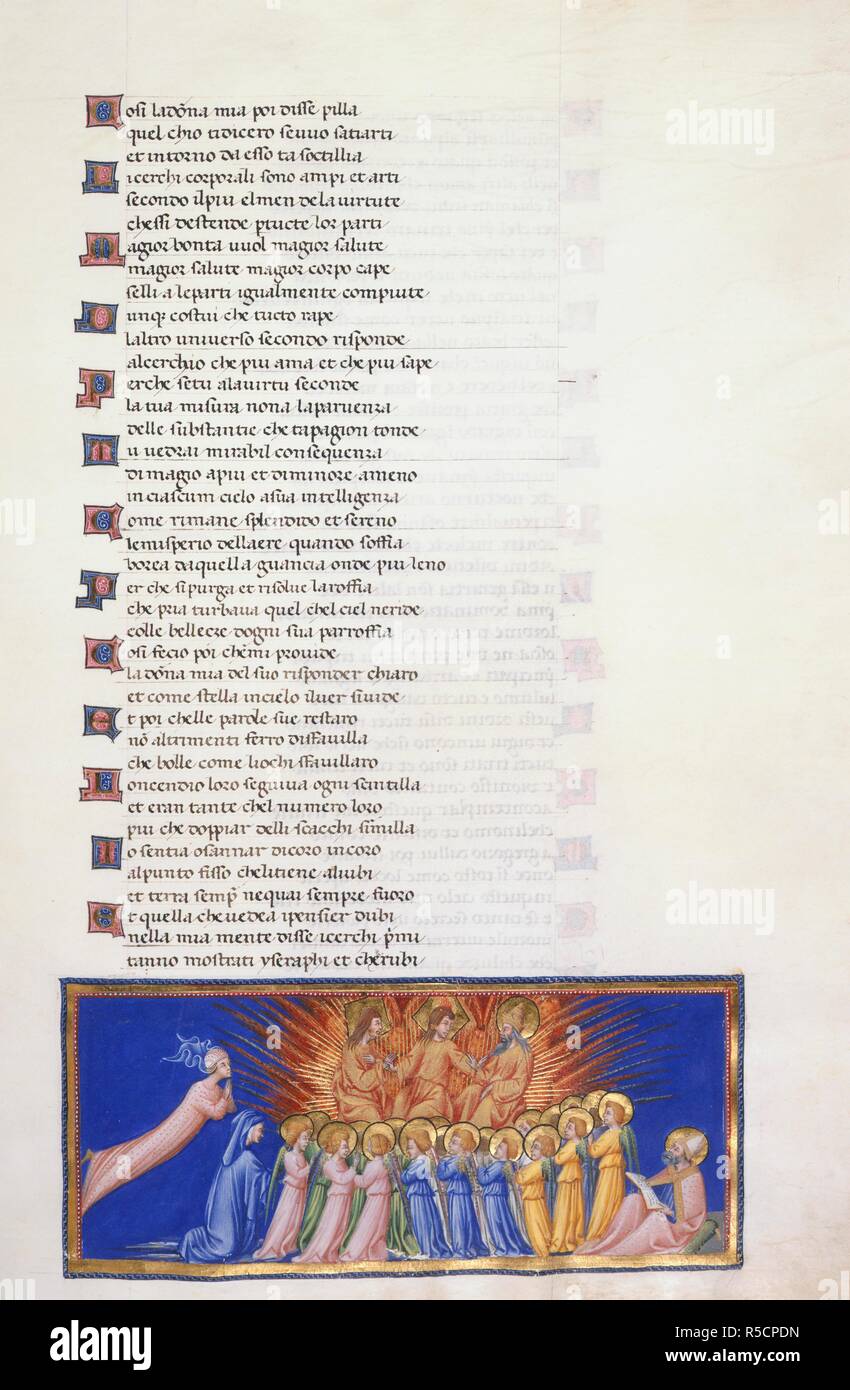 Paradiso, Canto XXVIII. Miniature shows Heaven of the Primum Mobile ...