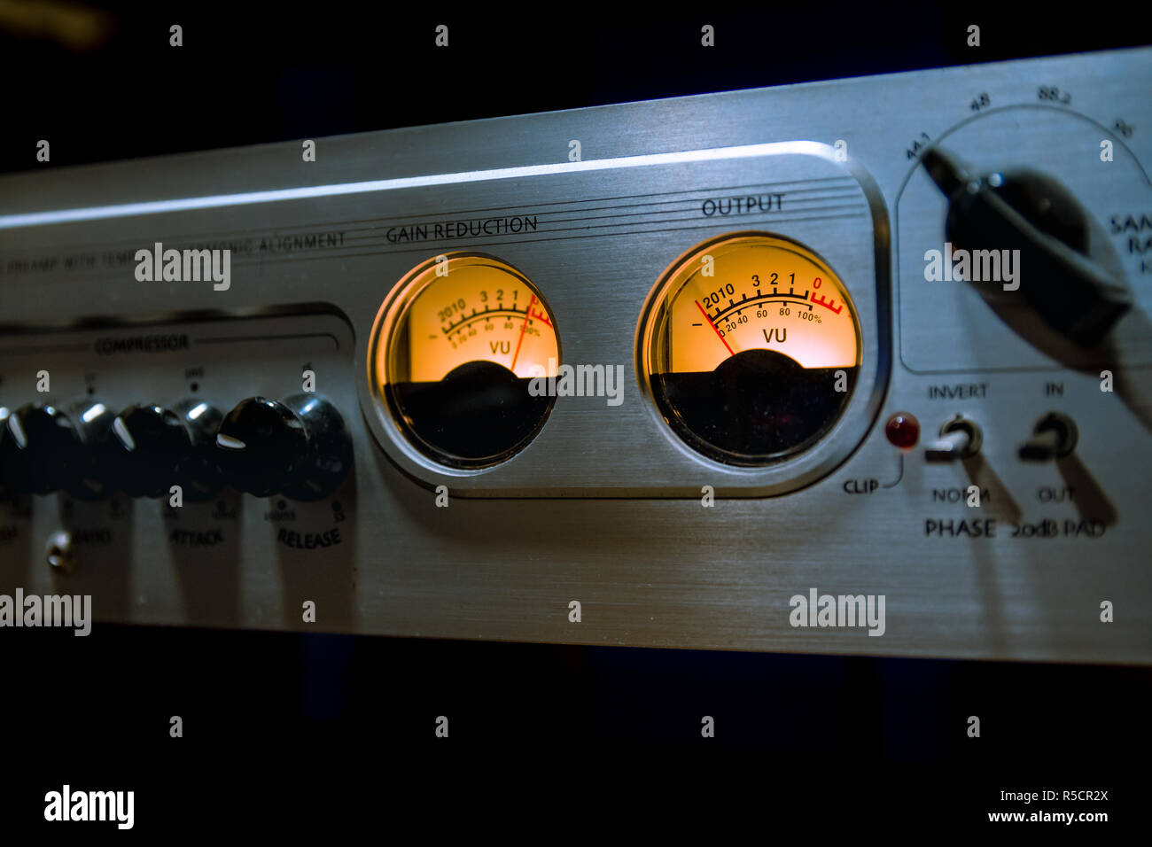 Sound mixer equalizer with many buttons and vu meter in recording ...