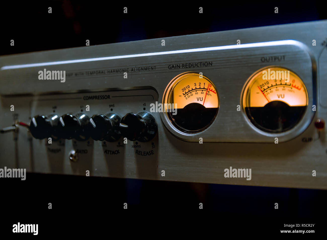 Sound mixer equalizer with many buttons and vu meter in recording ...