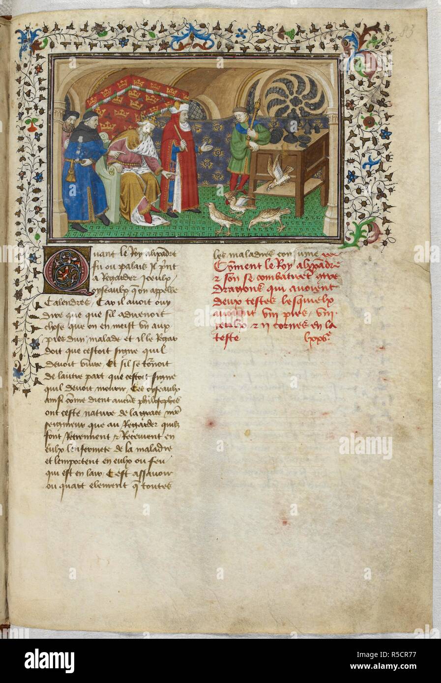 Miniature of Alexander enthroned, presented with the caladrius birds ...