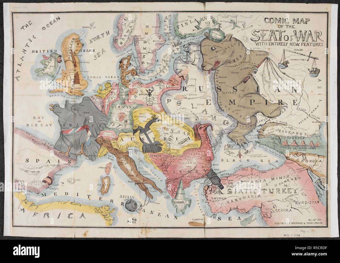 Coloured map of Europe. Comic map of the seat of war with entirely new ...