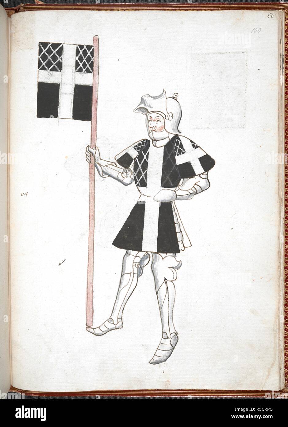 Knight, in armour and tabard, holding a sword and a standard with ...