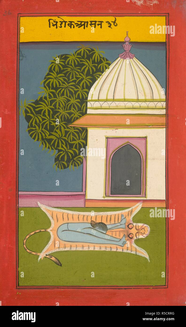 A yogi. Asanas and Mudras (Hata yoga). 19th century. A yogi on a tiger ...