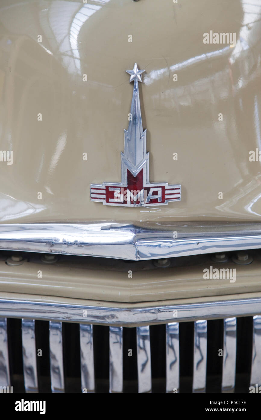 Latvia, Riga, Riga Motor Museum, hood ornament of 1960s Moskvitch car ...