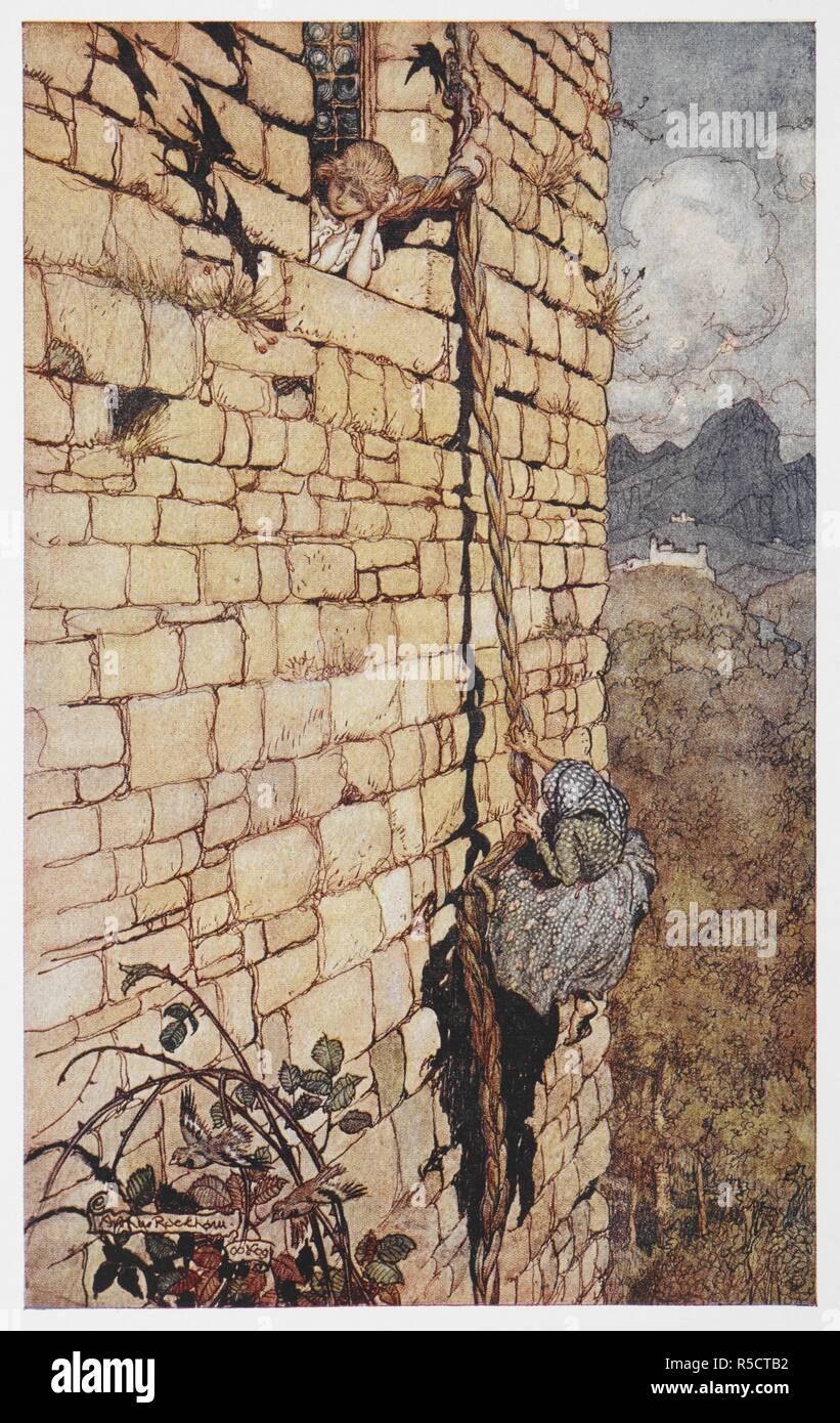 Illustration of the witch climbing up Rapunzel's hair. Grimm's Fairy ...