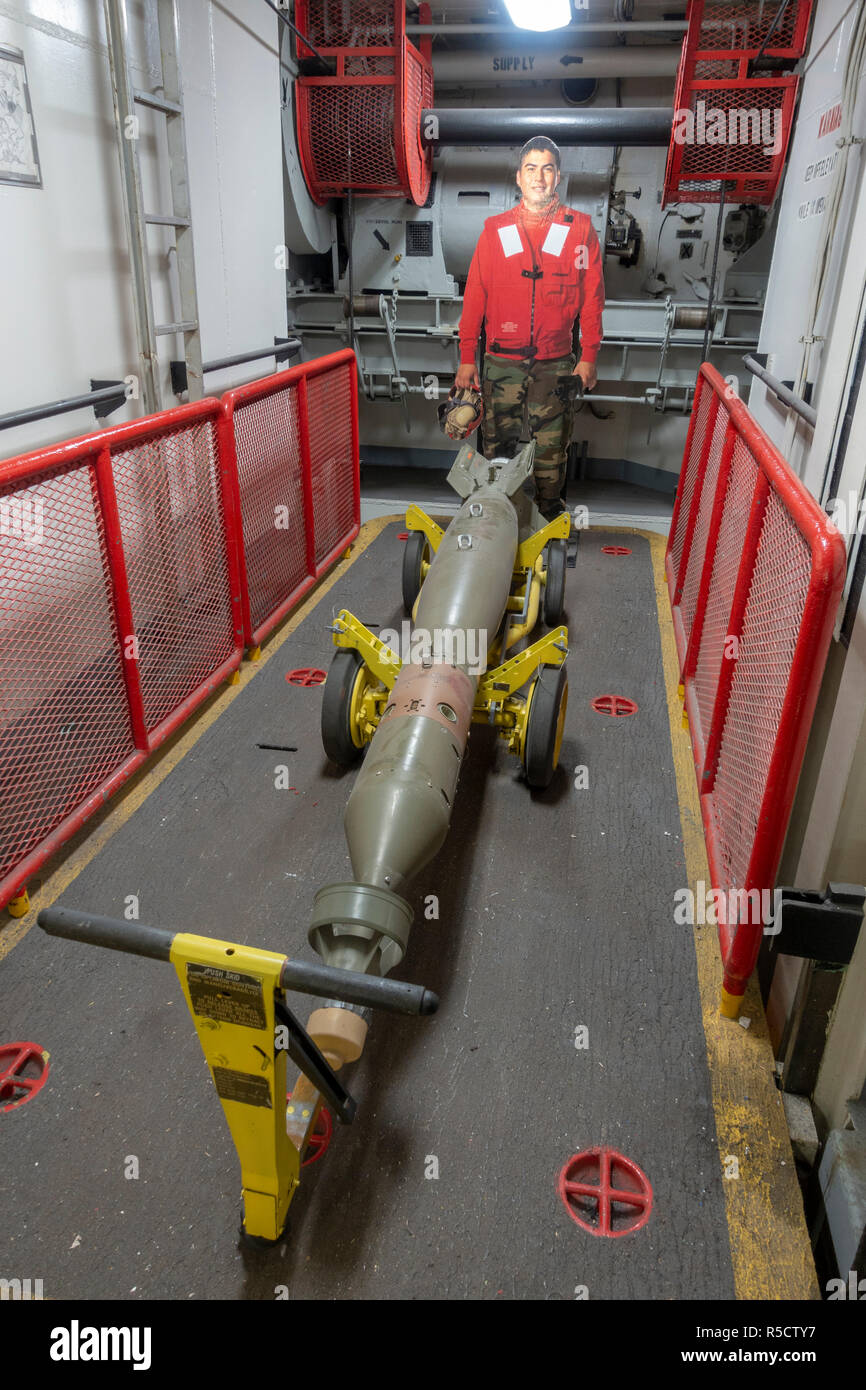 Lower stage weapons elevator, USS Midway Museum, San Diego, California ...