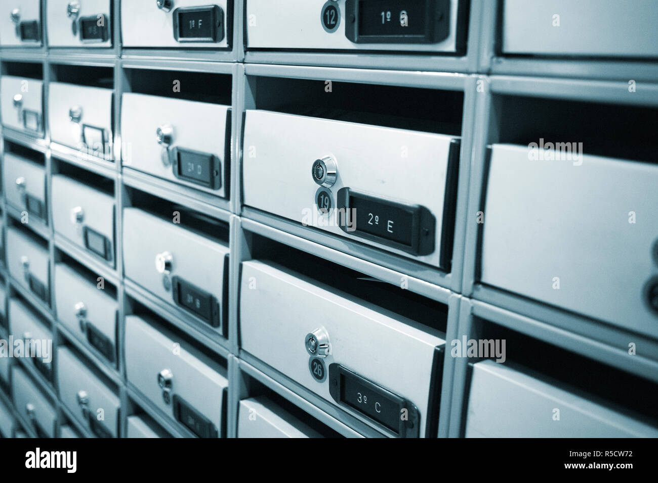 Residential appartment block building interior letter boxes with ...