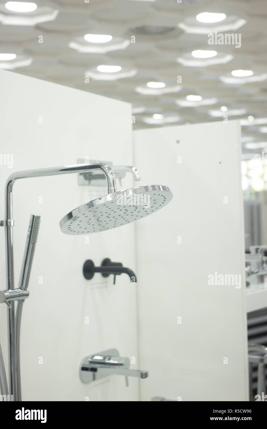 Bathroom chrome shower head showroom display of new design option for ...