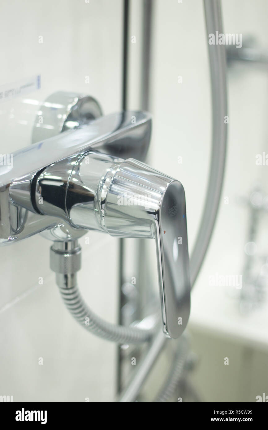 Bathroom chrome shower head showroom display of new design option for ...