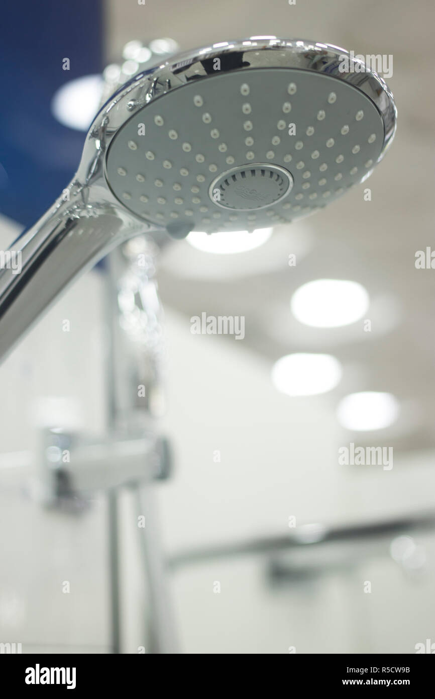 Bathroom chrome shower head showroom display of new design option for ...