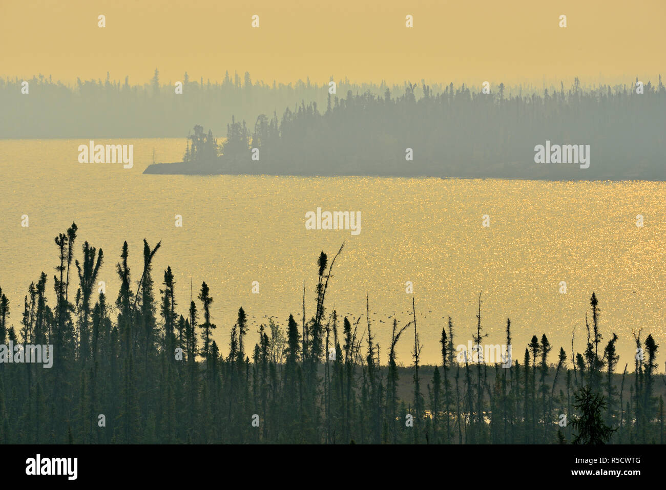 Overlooking Pontoon Lake in forest fire smog, Yellowknife, Ingraham ...