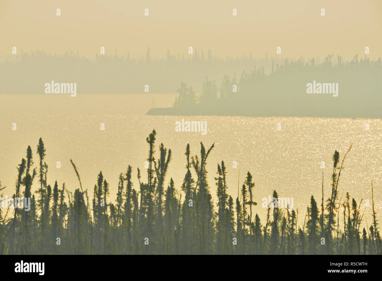 Overlooking Pontoon Lake in forest fire smog, Yellowknife, Ingraham ...