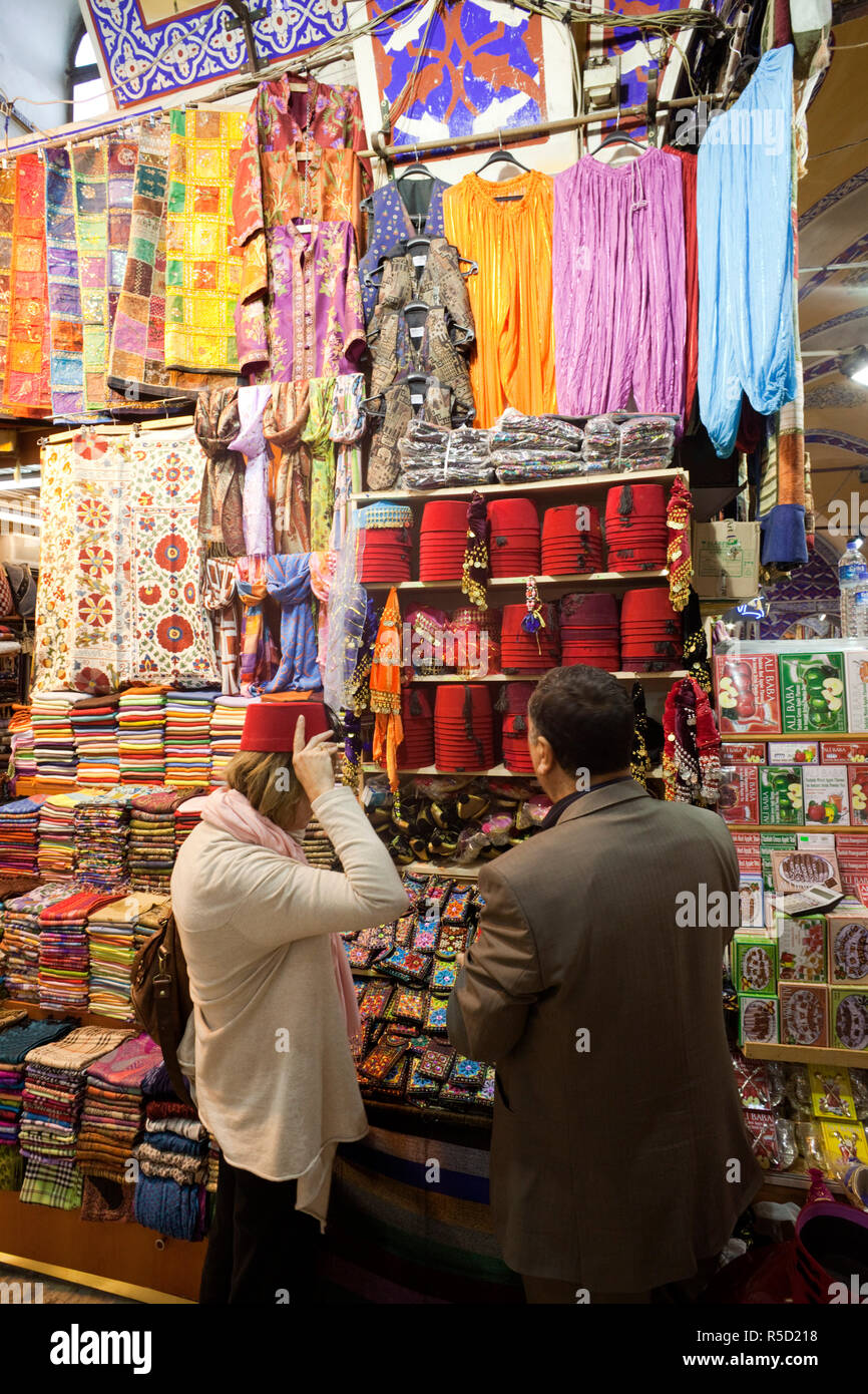Turkey, Istanbul, Sultanahmet, Grand Bazaar, Tourist Buying Fez Stock ...