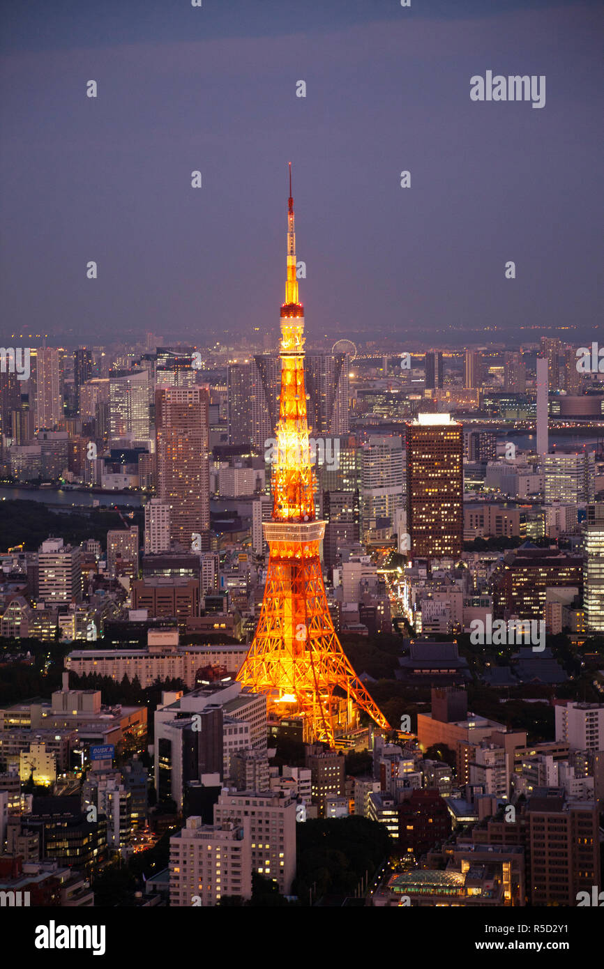 Japan, Tokyo, Roppongi, View of Tokyo Tower and City Skyline from Tokyo ...