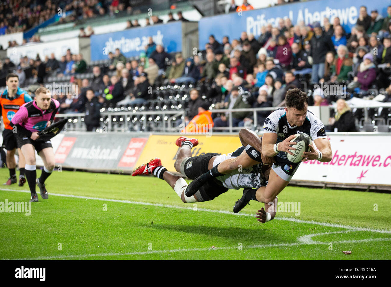 Ospreys left wing Luke Morgan goes over for a try in the Guinness Pro14 ...