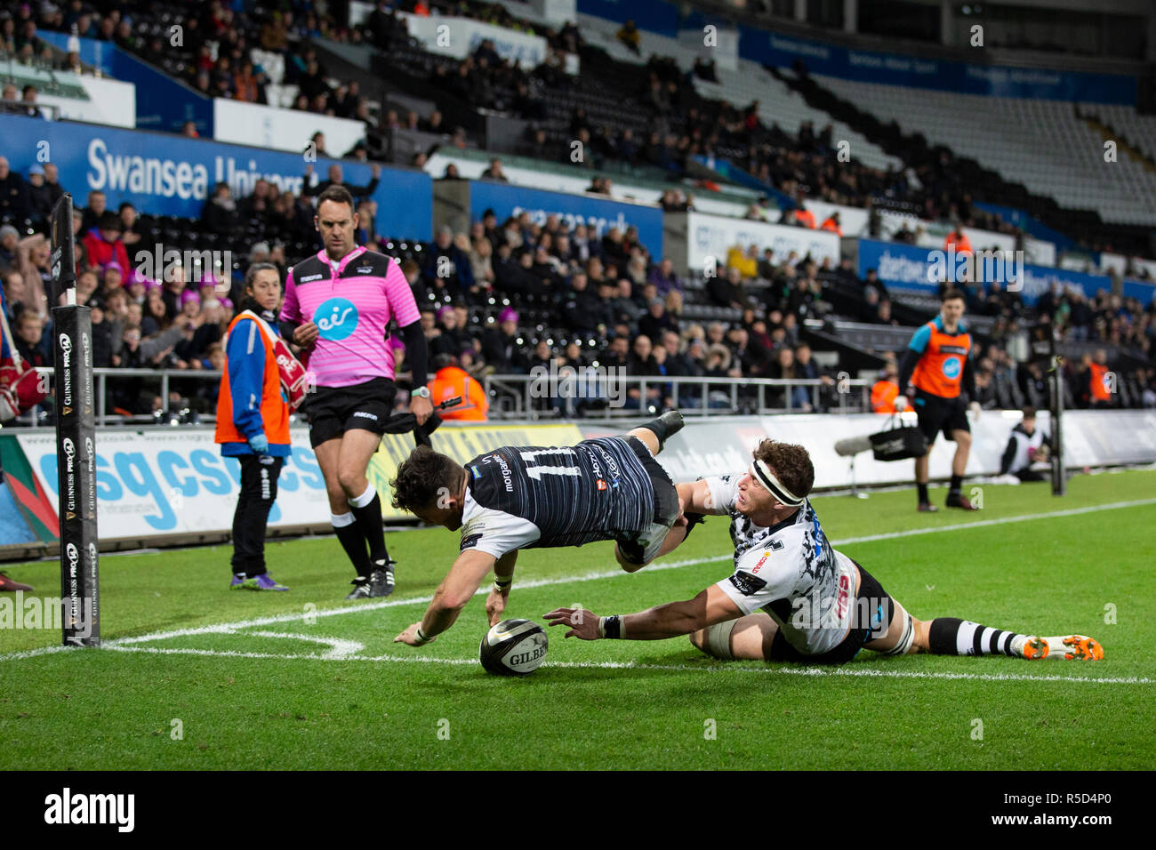 Ospreys left wing Luke Morgan scores his second try in the Guinness ...