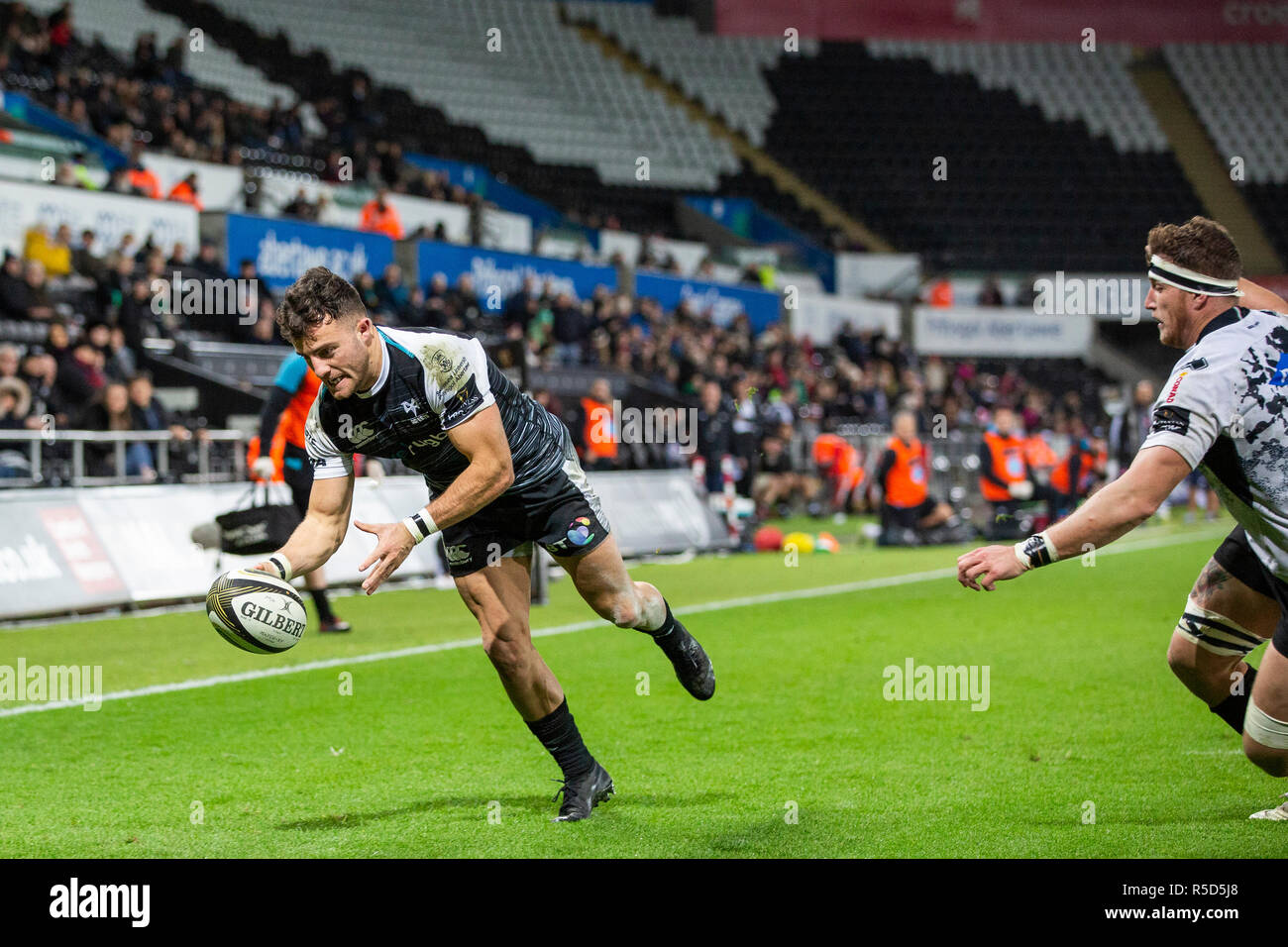 Ospreys left wing Luke Morgan scores his second try in the Guinness ...