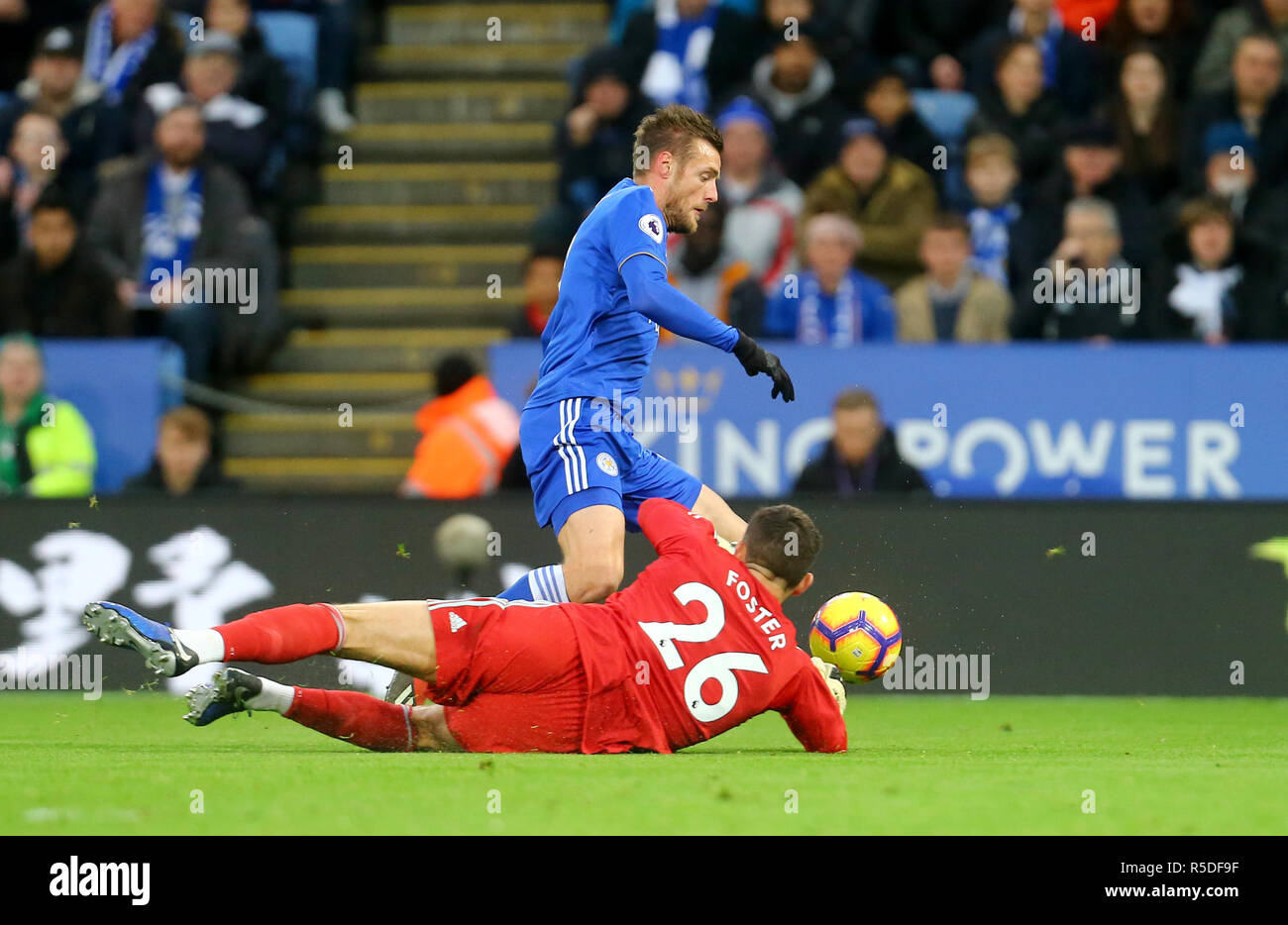 Leicester, UK. 1st December 2018. Jamie Vardy of Leicester City tackled ...