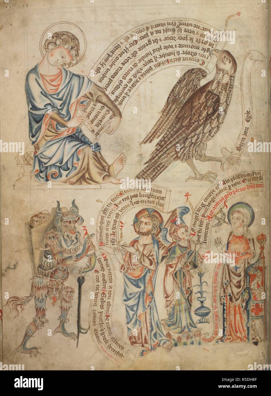 St John writing on a scroll which is being held at the other end by an ...