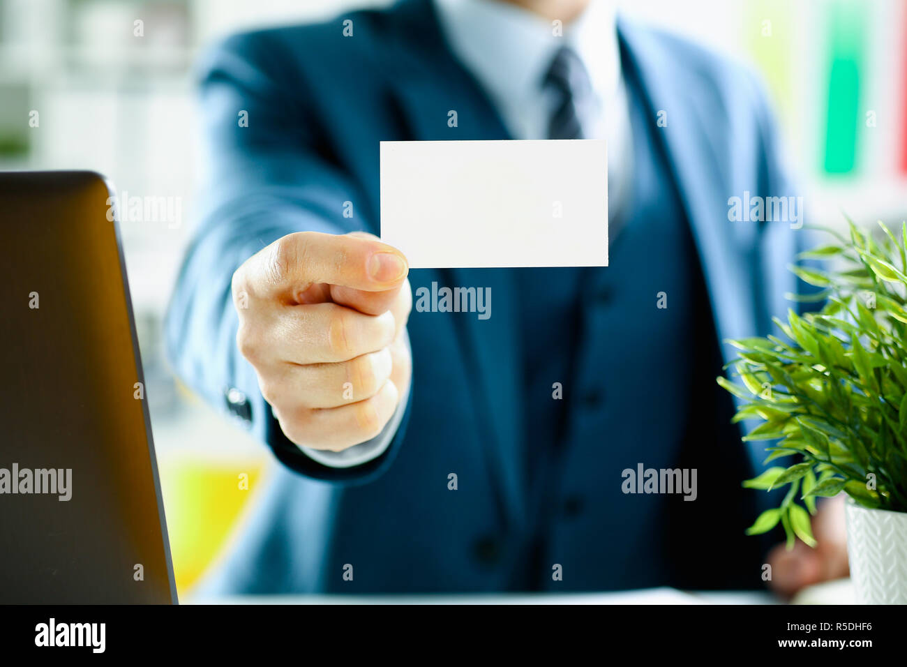 Male arm in suit give blank calling card Stock Photo - Alamy