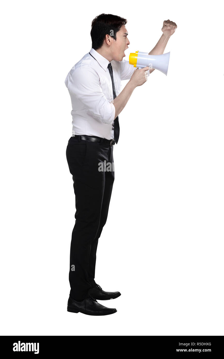 Asian business man holding megaphone Stock Photo - Alamy