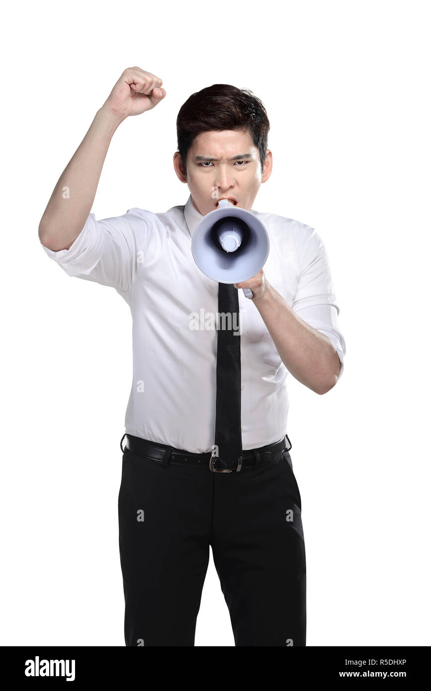 Portrait man yelling megaphone Cut Out Stock Images & Pictures - Alamy