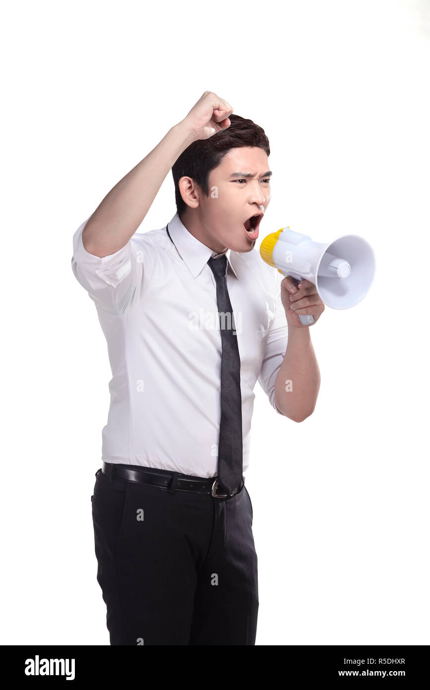 Asian business man holding megaphone Stock Photo - Alamy