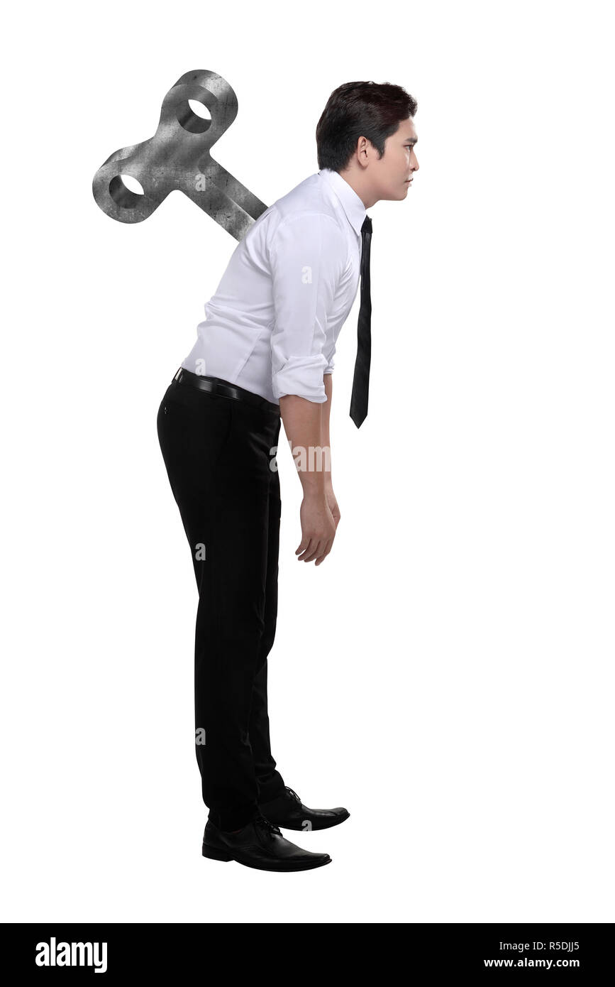 Asian business man have winding key on his back Stock Photo - Alamy