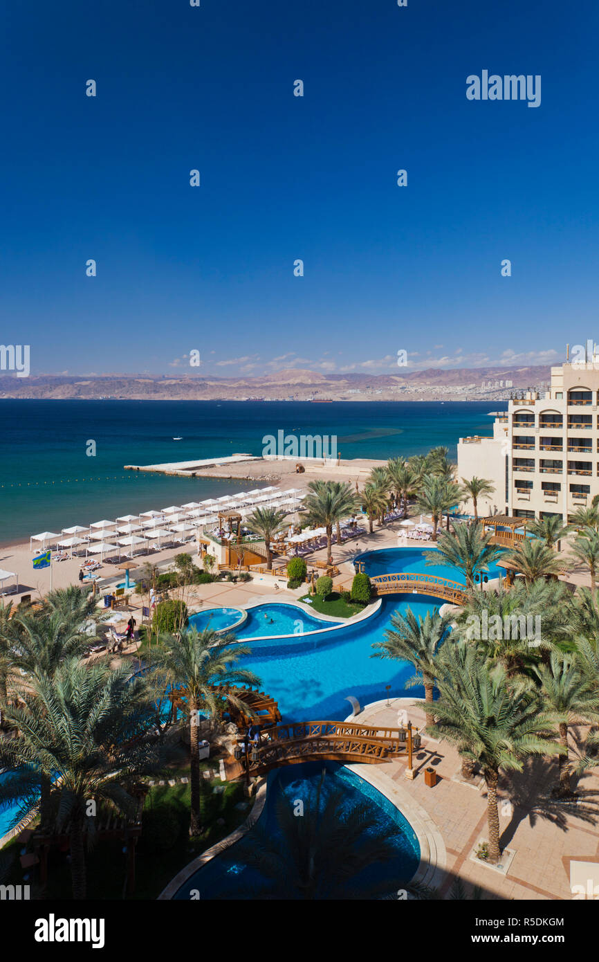 Jordan, Aqaba, elevated view of Red Sea and Eilat, Israel from ...