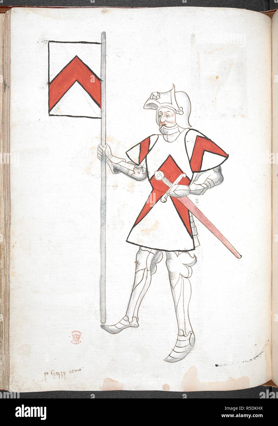 Knight, in armour and tabard, holding a sword and a standard with ...
