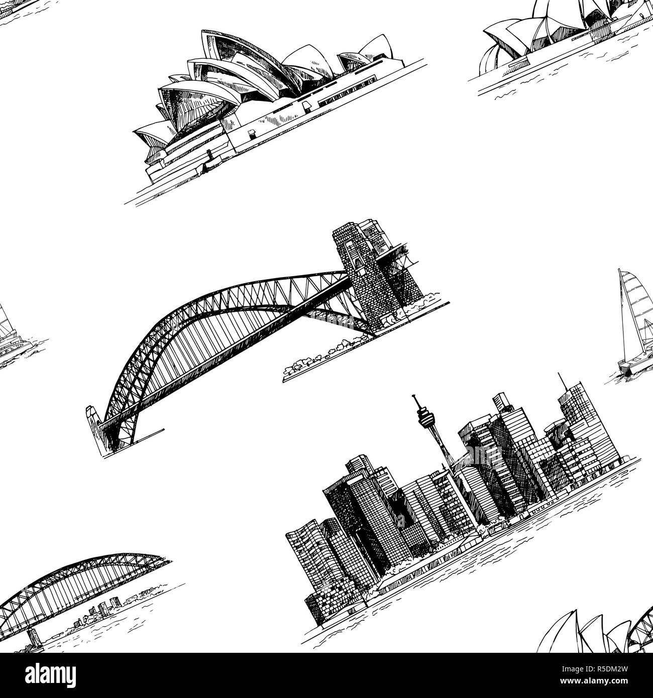Seamless pattern of hand drawn sketch style Australia themed objects ...