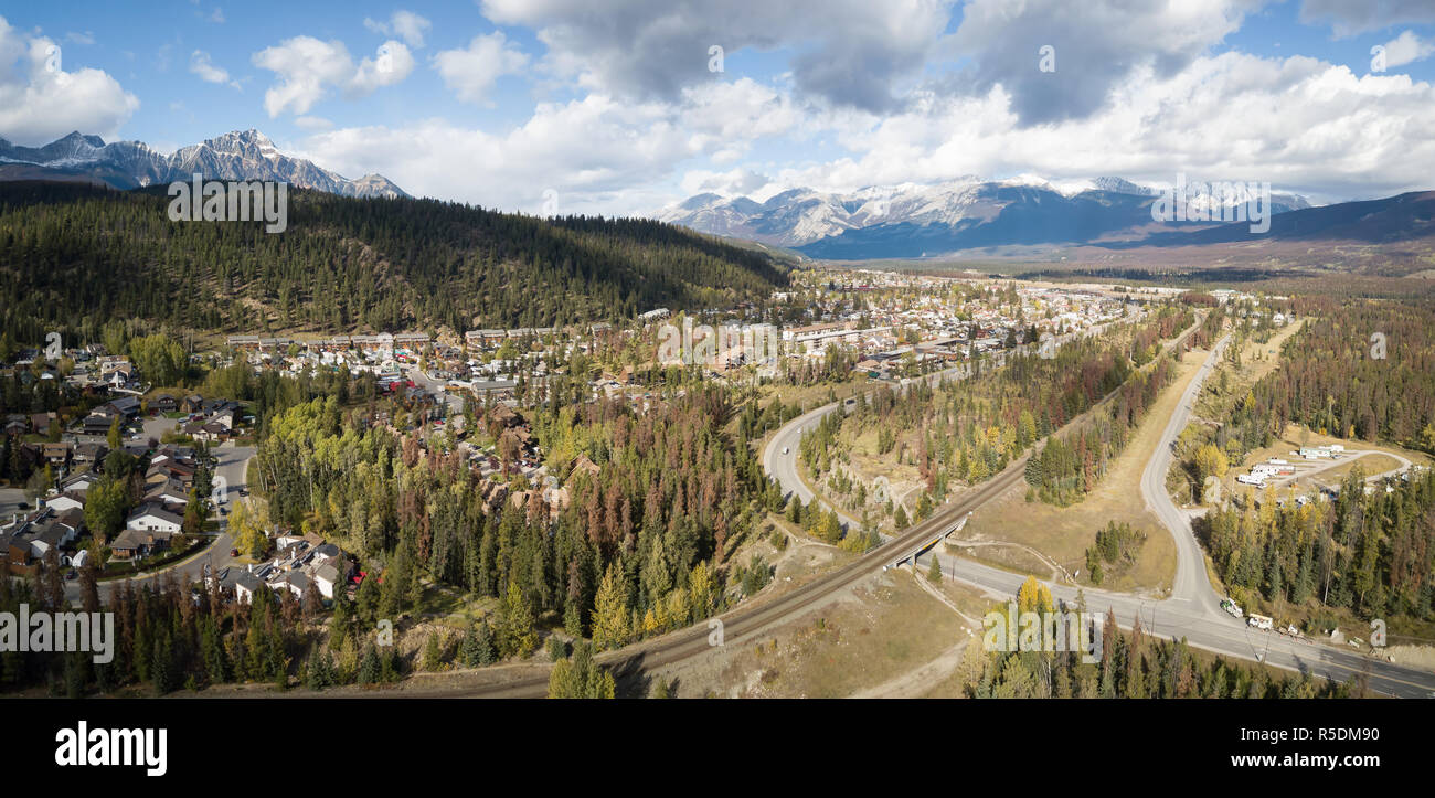 Aerial panoramic view of Residential homes in a small alpine town ...