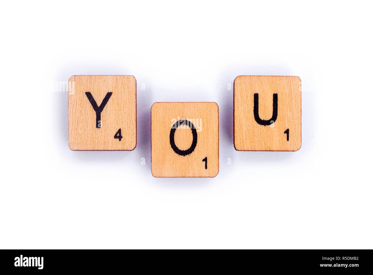 LONDON, UK - JULY 8TH 2018: The word YOU, spelt with wooden letter ...