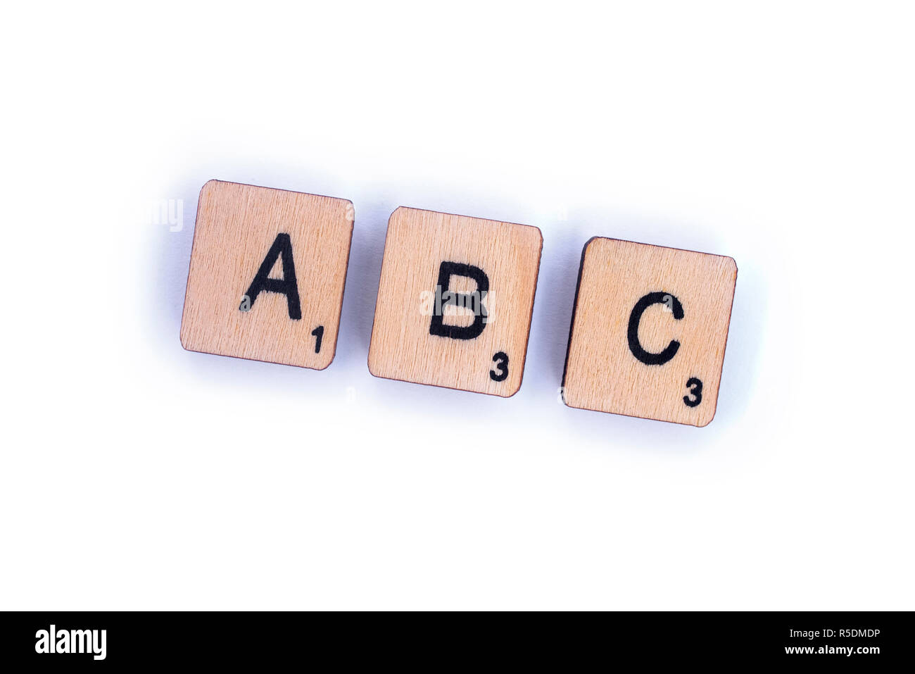 LONDON, UK - JULY 8TH 2018: The letters ABC, spelt with wooden letter ...