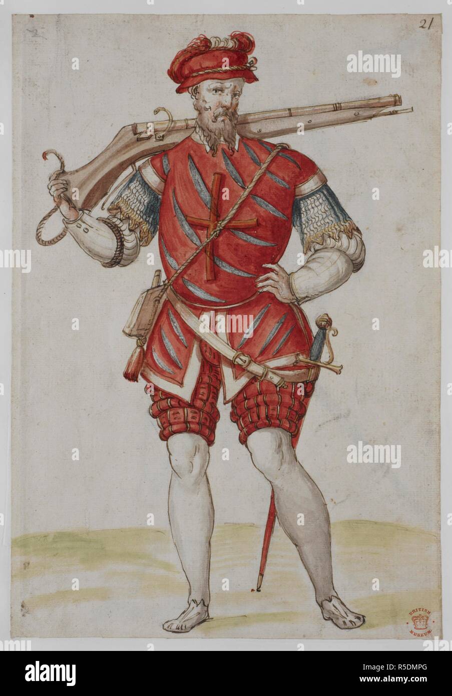 A musketeer in a red doublet. S. Netherlands (?), early 16th century ...