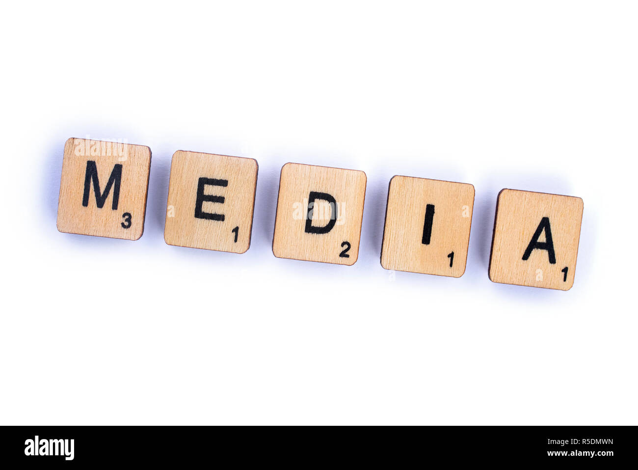 London, UK - July 8th 2018: The word MEDIA, spelt with wooden letter ...