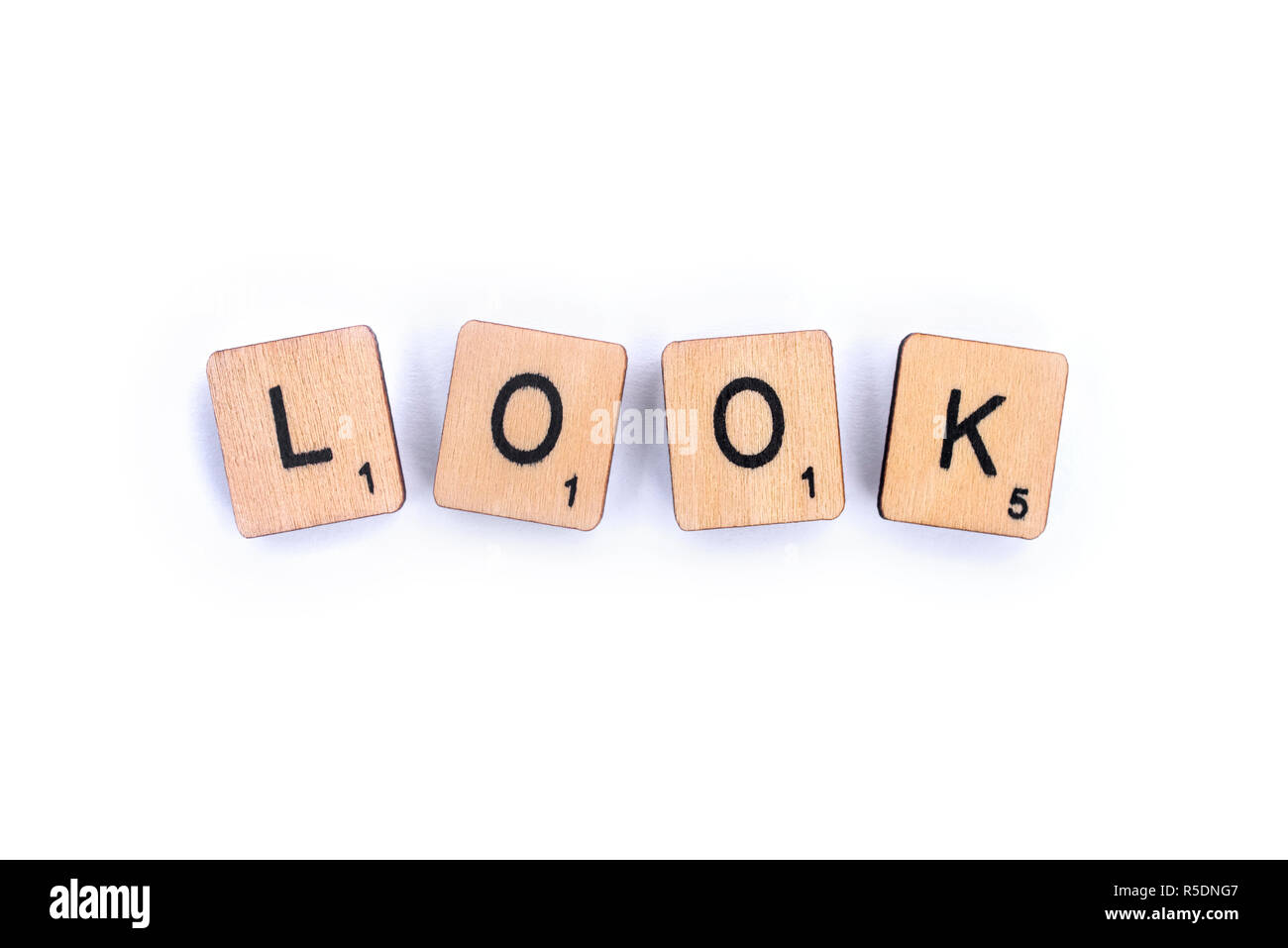 London, UK - July 8th 2018: The word LOOK, spelt with wooden letter ...