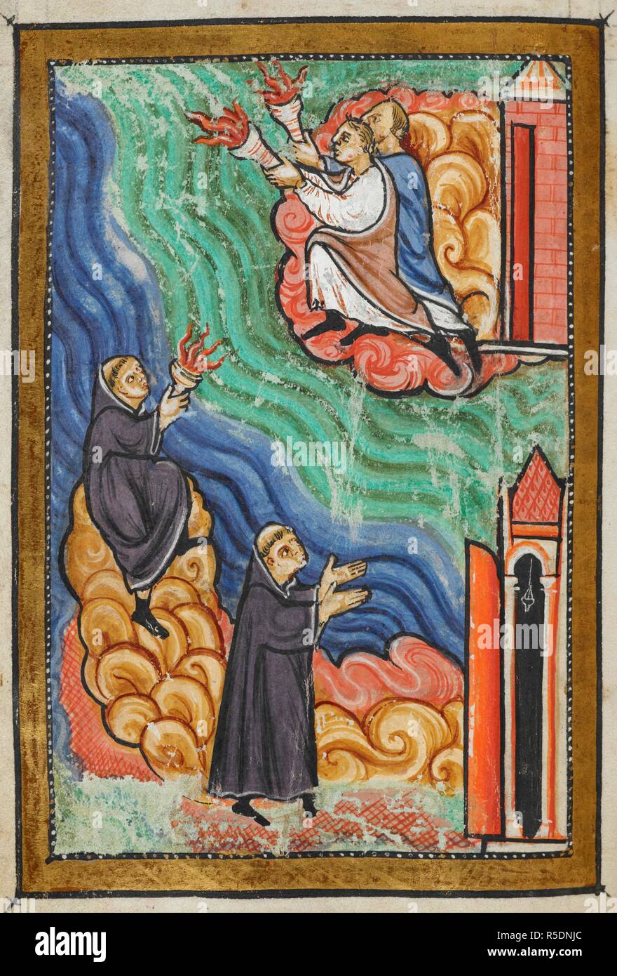 Miniature of monks at Cuthbert's hermitage signalling with torches to ...