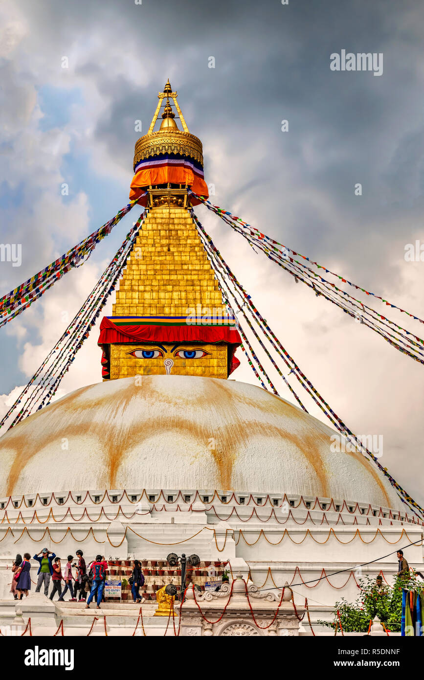 Kathmandu, Nepal - Oct 12, 2018: Tourists visiting Boudha, bodhnath or ...