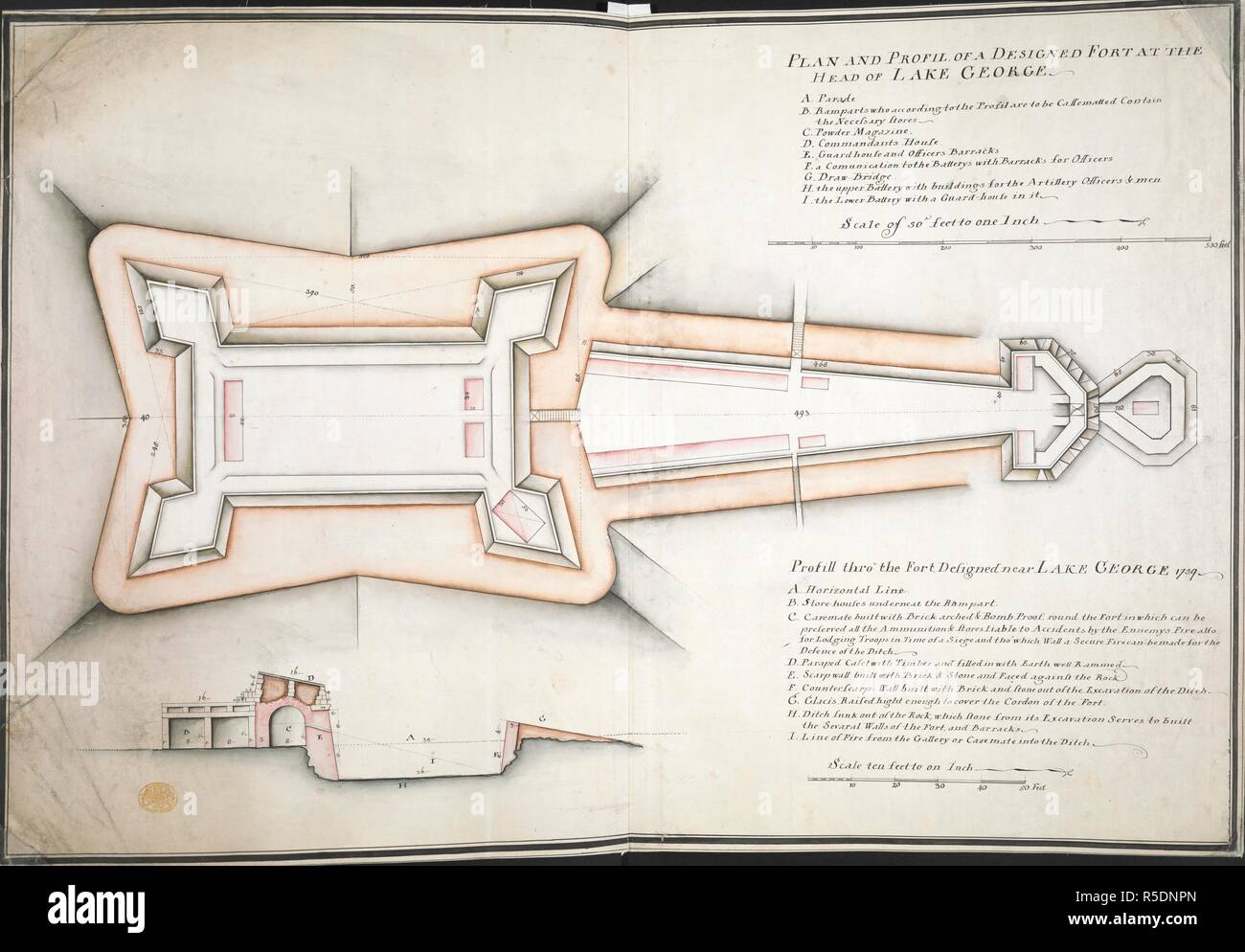 Plan of a fort at Lake George. A colored "plan and profil of a designed ...