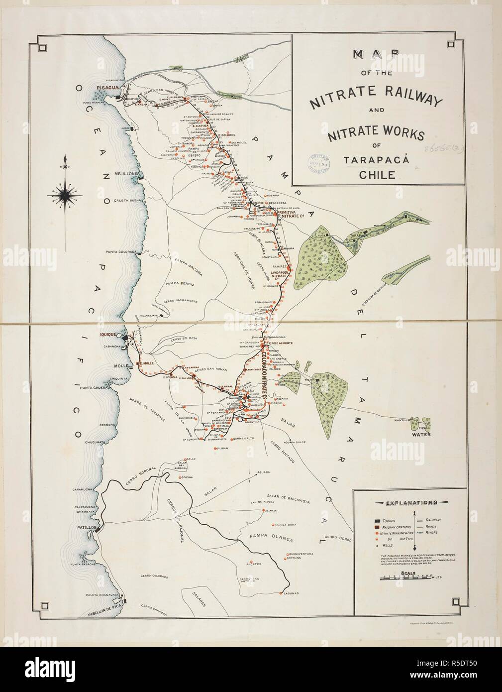 A map of the Nitrate Railway and Nitrate Works of TarapacaÌ , Chile ...