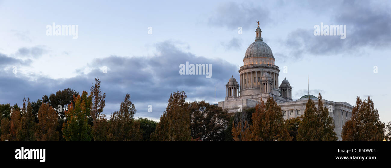 Panoramic view of Rhode Island State House during a vibrant sunset ...