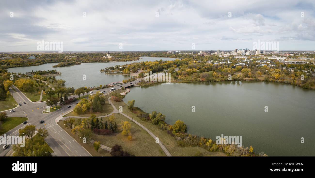 Aerial panoramic view of Wascana Lake during a vibrant day in the Fall ...