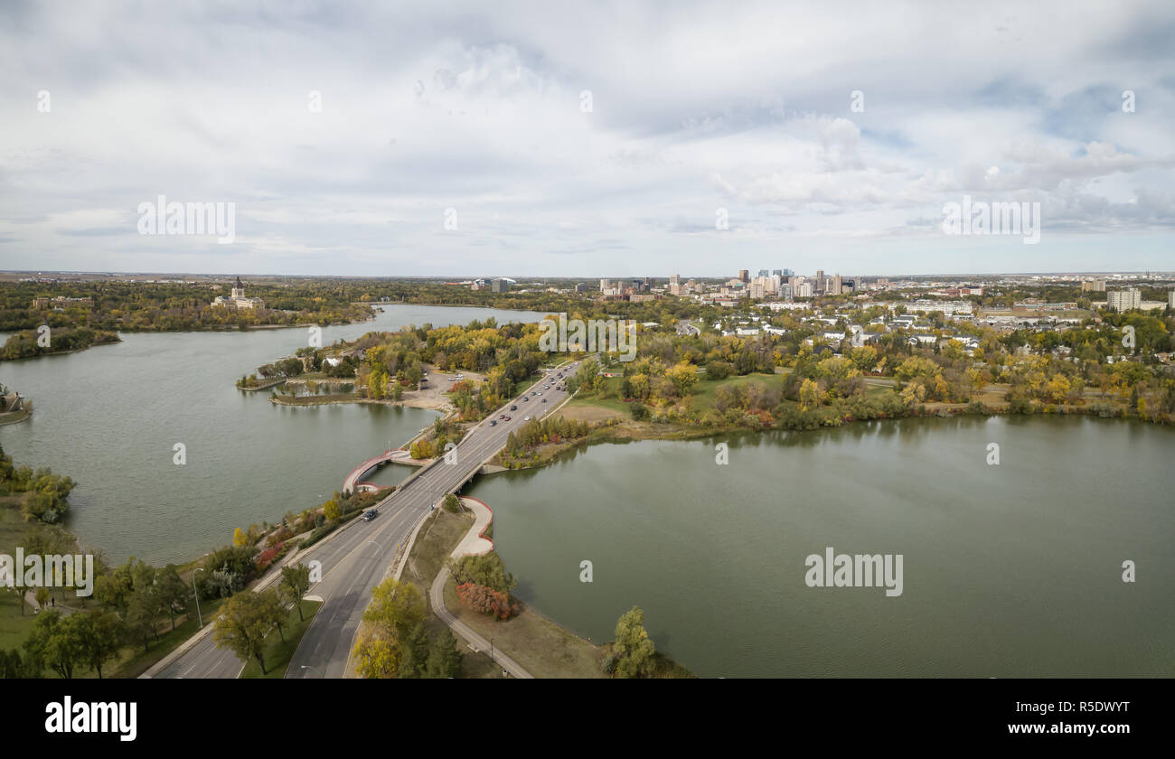 Aerial panoramic view of Wascana Lake during a vibrant day in the Fall ...