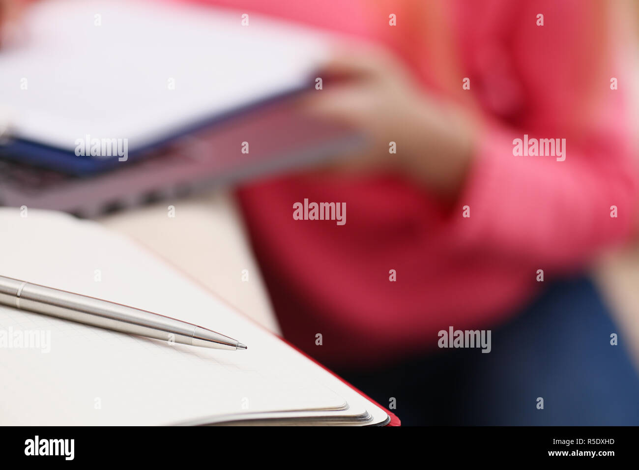 woman study hard write down information to notebook Stock Photo - Alamy