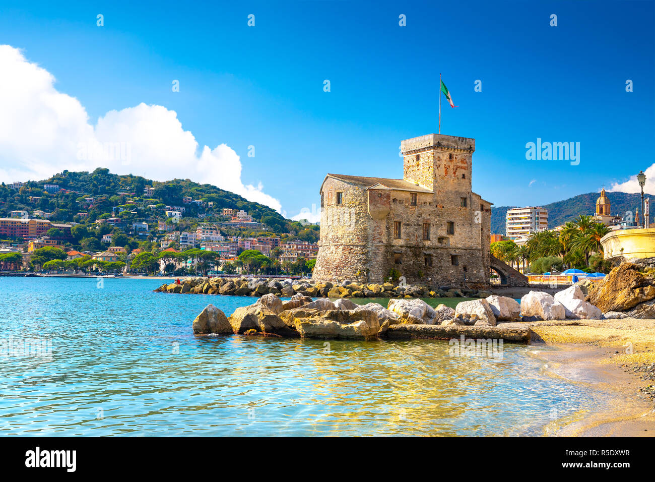 Ancient old castle on the sea at daylight. Rapallo, Italy Stock Photo ...