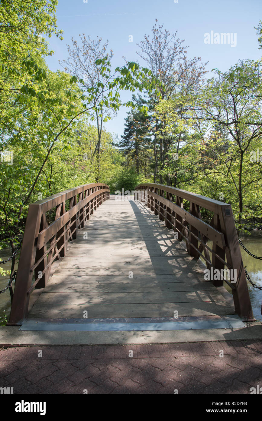 Pedestrian bridge across the DuPage River with springtime flora in ...